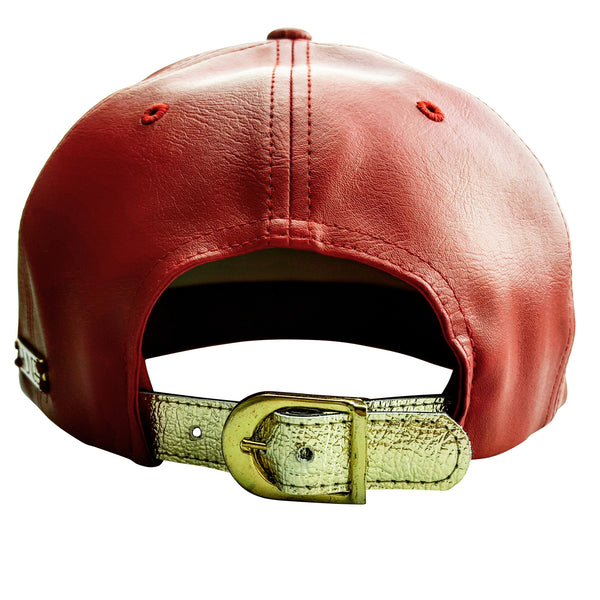 Red Faux Leather Cap with Large Lion and Gold Label | Eyehunee